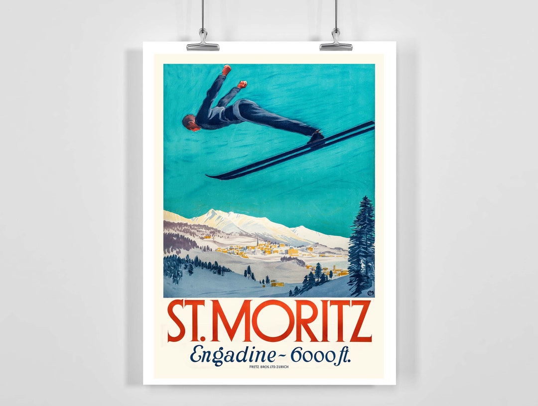 St. Moritz Engadin Zwitzerland Vintage Ski Poster - Framed / Unframed ...