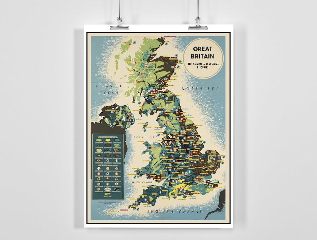 Great Britain Map Her Natural Industrial Resources Vintage Travel ...