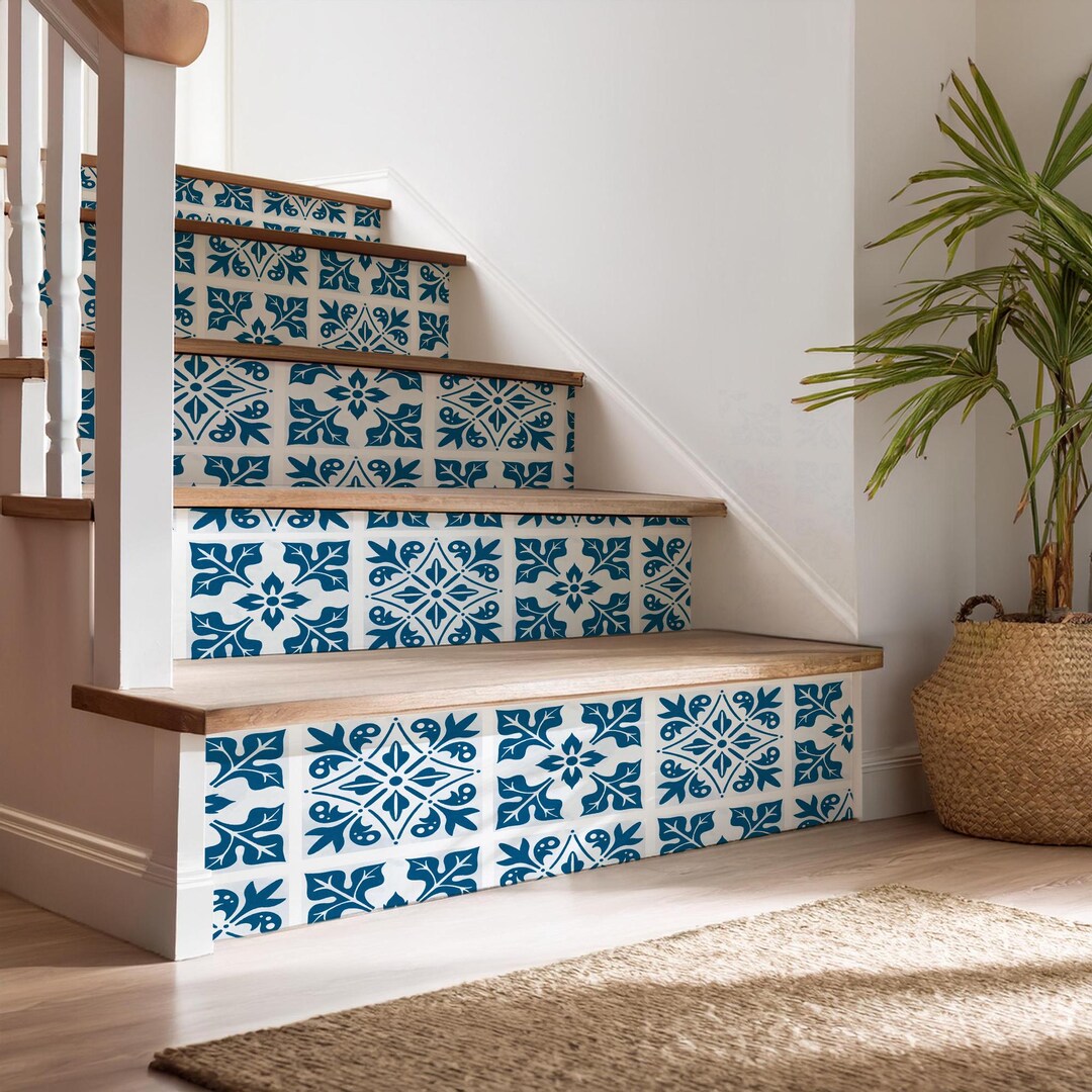 Stair Risers Moroccan Tile Stickers for Stairs, Self-adhesive Blue ...