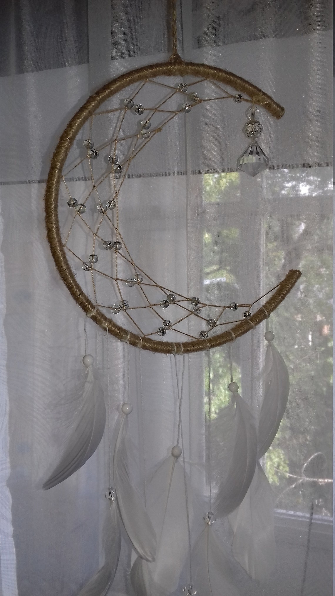 Moon Dream Catcher White With Feathers Crystal and Natural - Etsy