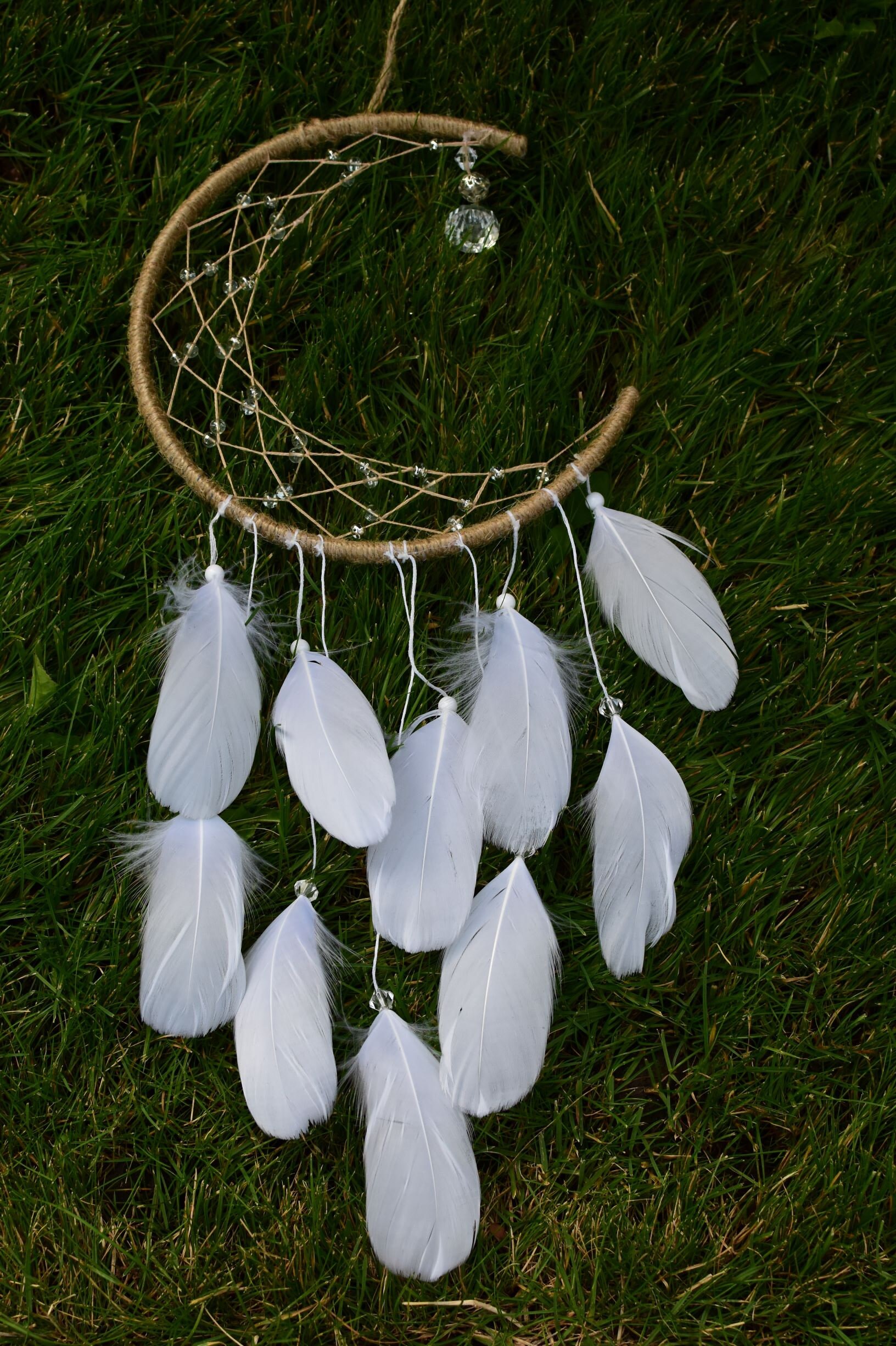 Moon Dream Catcher White With Feathers Crystal and Natural - Etsy