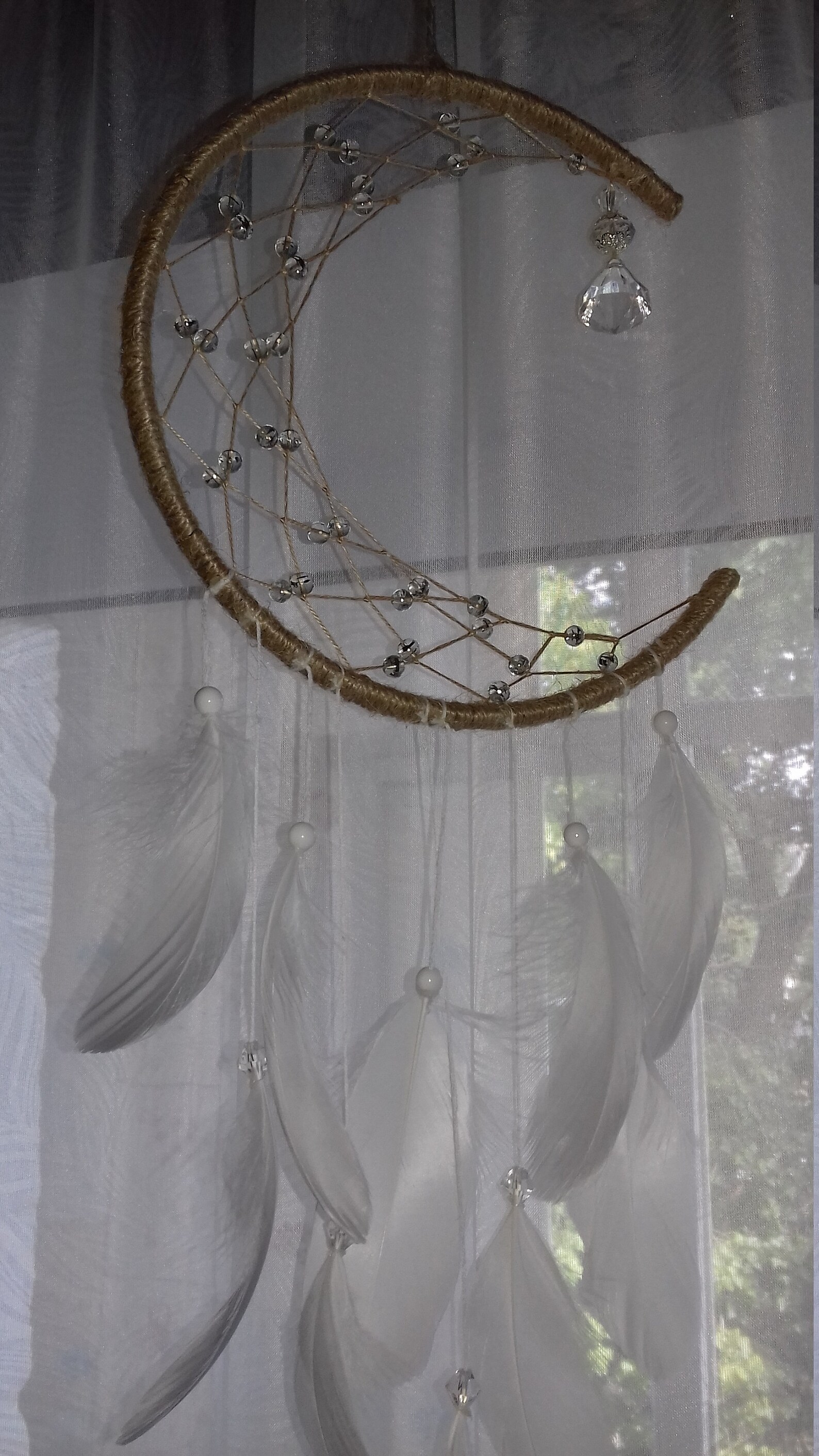 Moon Dream Catcher White With Feathers Crystal and Natural - Etsy
