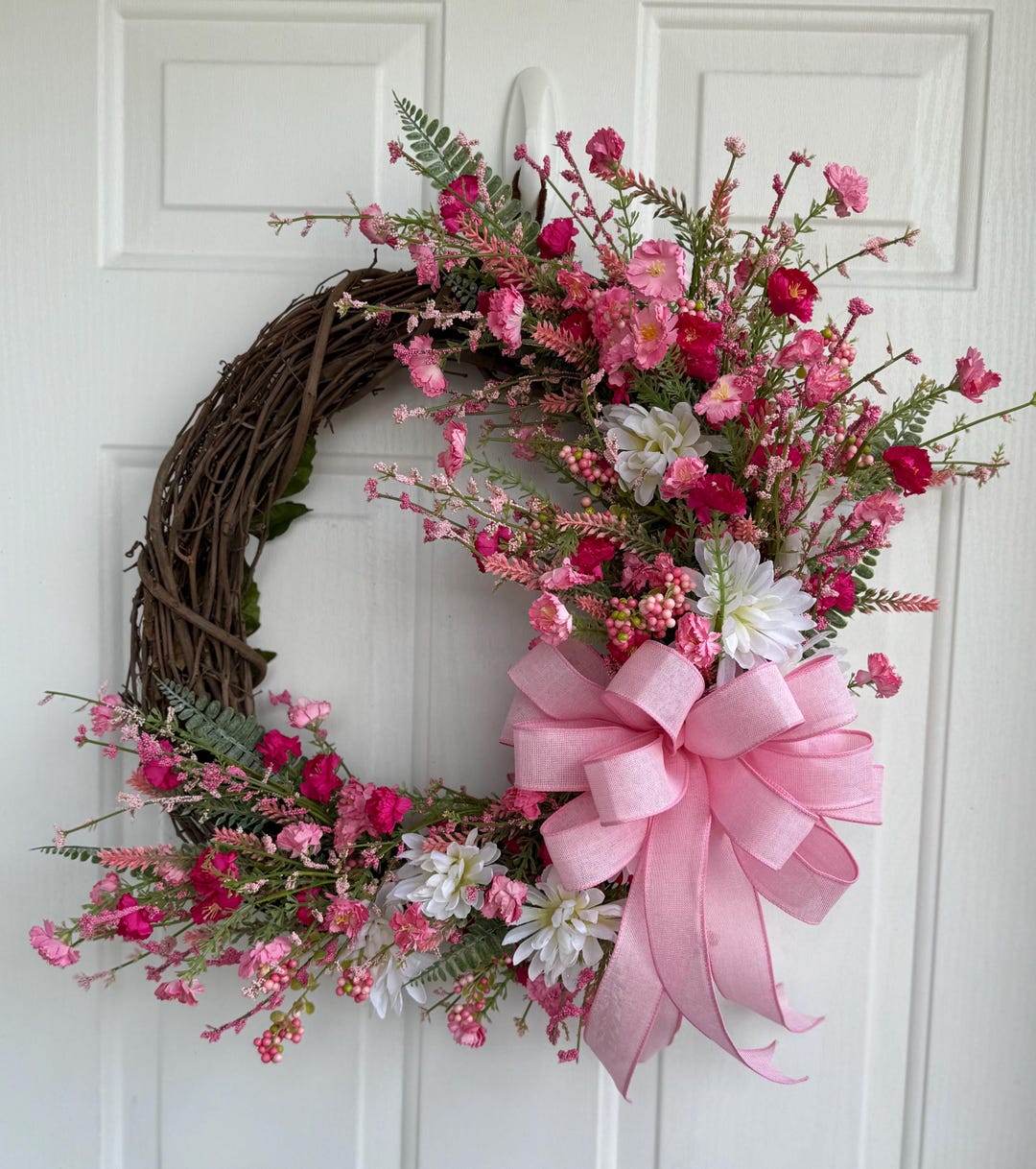 Spring / Summer Grapevine Wreath, Handmade Wreath, Pink White Wreath ...