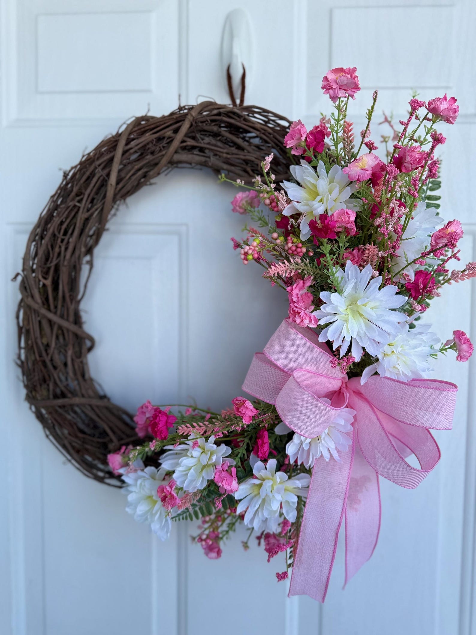 Spring Grapevine Wreath, Handmade Wreath, Pink White Wreath, Front Door ...
