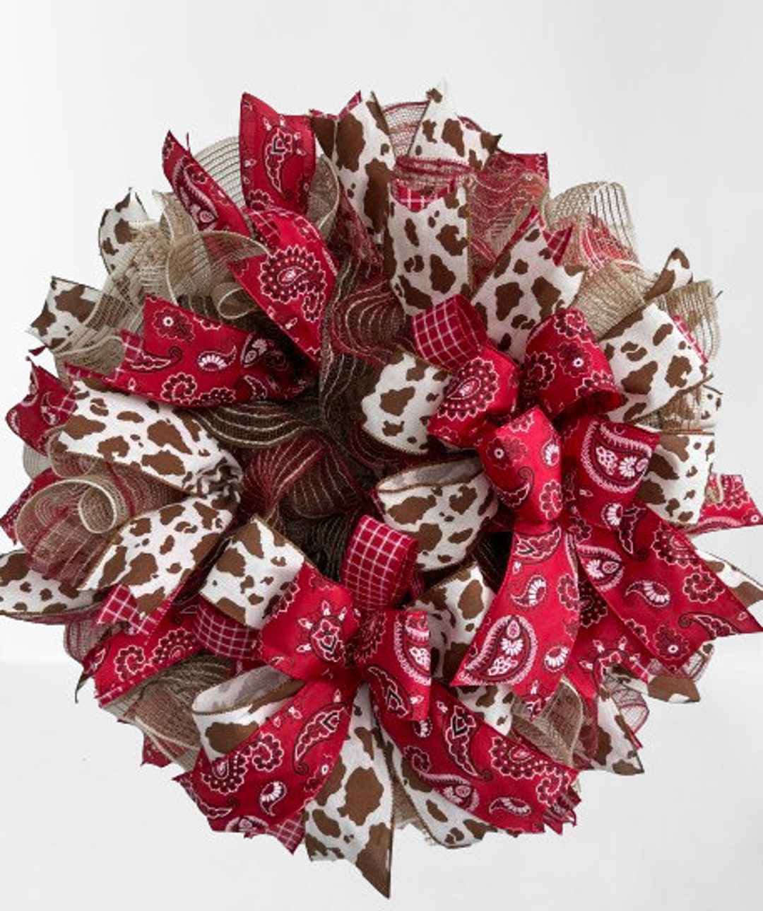Farmhouse Wreath, Rustic Summer Country Wall Decor, Cow Print Ribbon ...