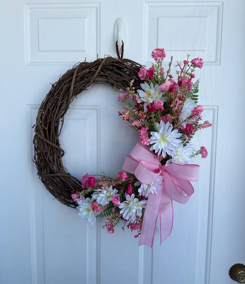 Spring Grapevine Wreath, Handmade Wreath, Pink White Wreath, Front Door ...