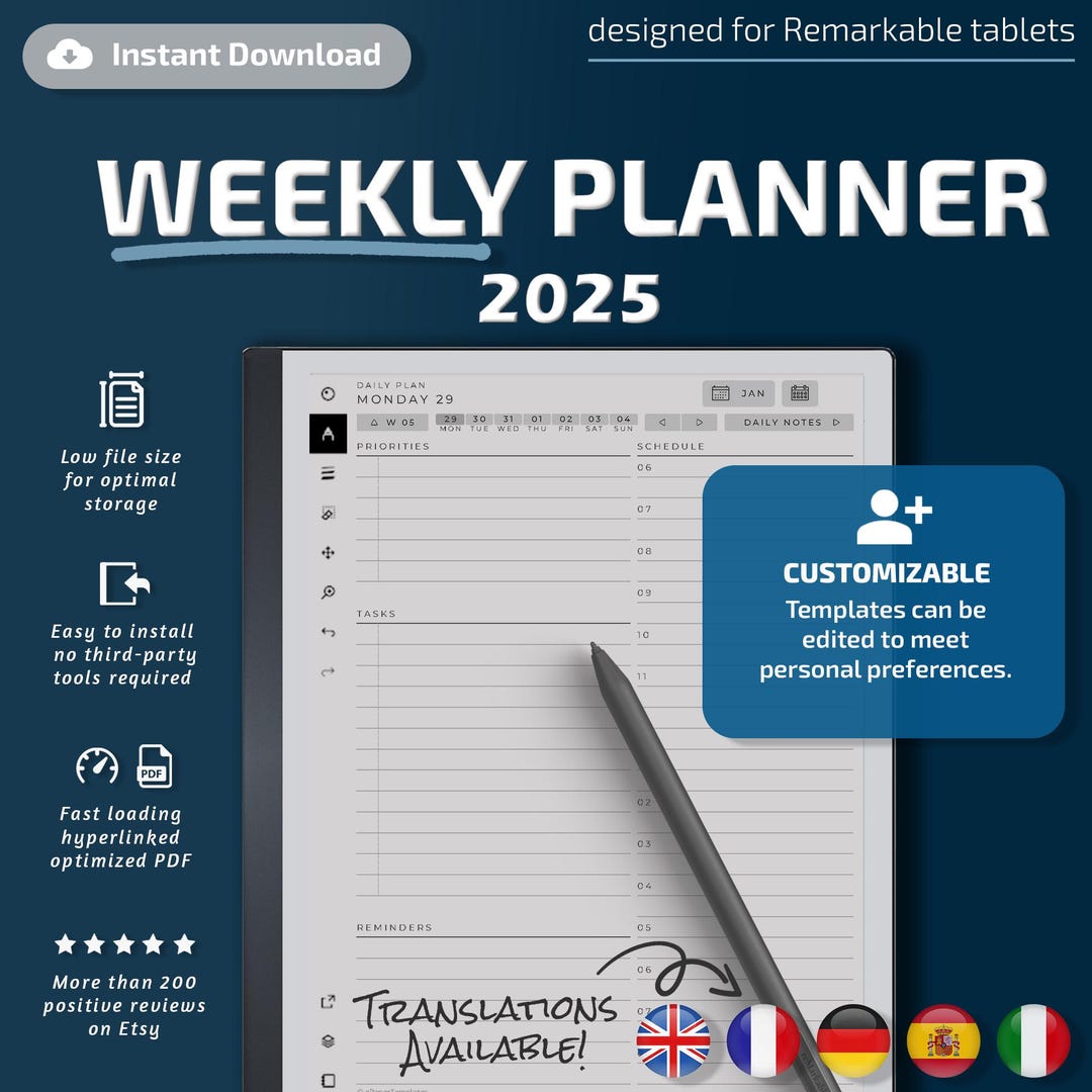 Weekly Planner for Remarkable Tablets, Eink Templates, Hyperlinked PDF ...