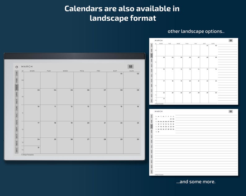 Monthly Calendar for Remarkable Tablets, Eink Templates, Hyperlinked ...