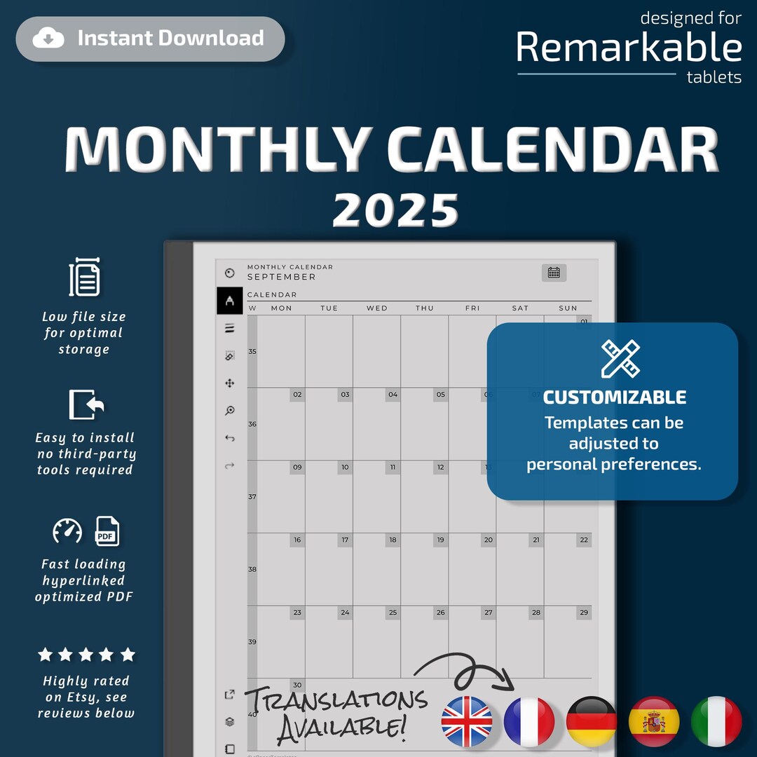 Monthly Calendar for Remarkable Tablets, Eink Templates, Hyperlinked ...