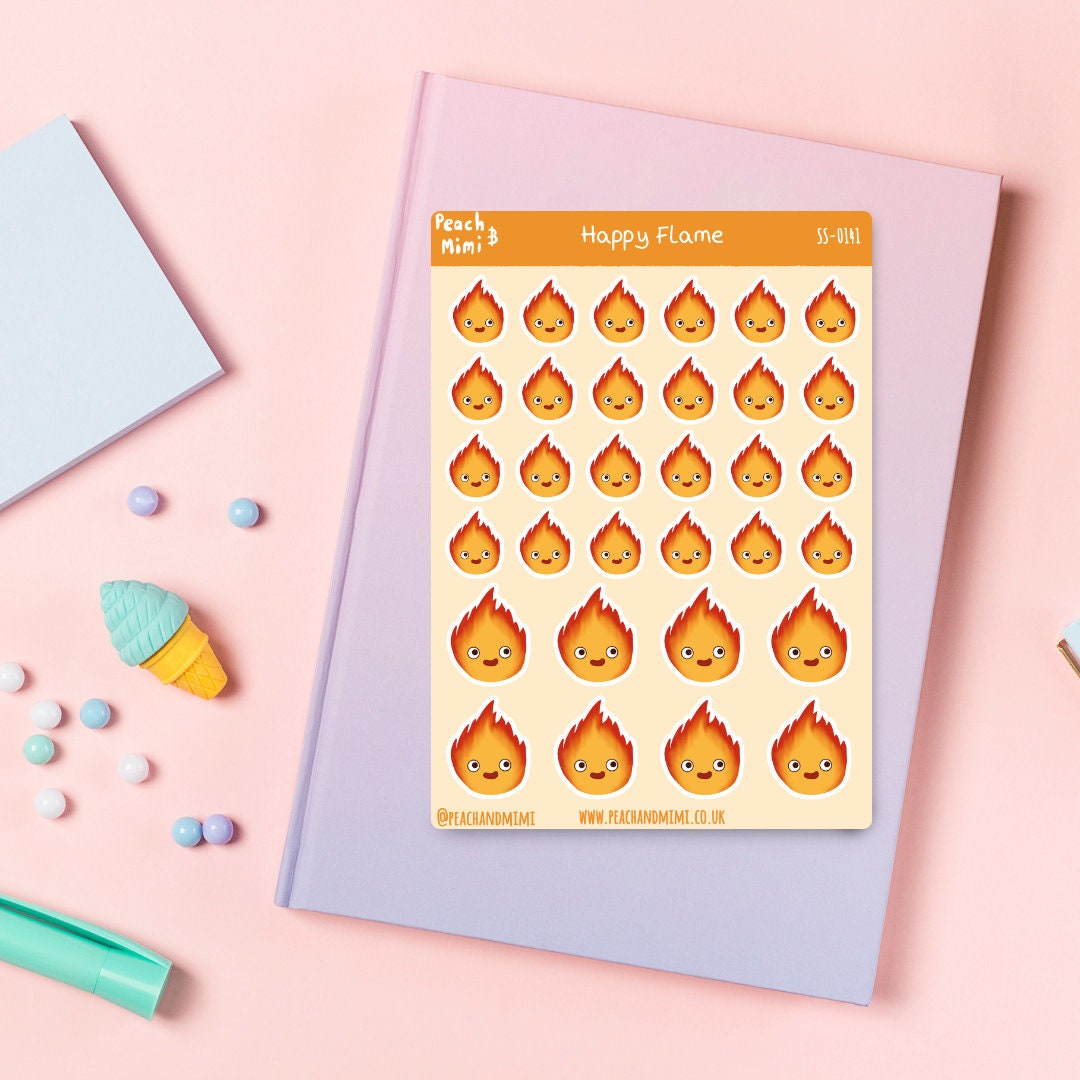 Happy Flame Sticker Sheet, Flame Planner Stickers, Kawaii Fire Sticker ...