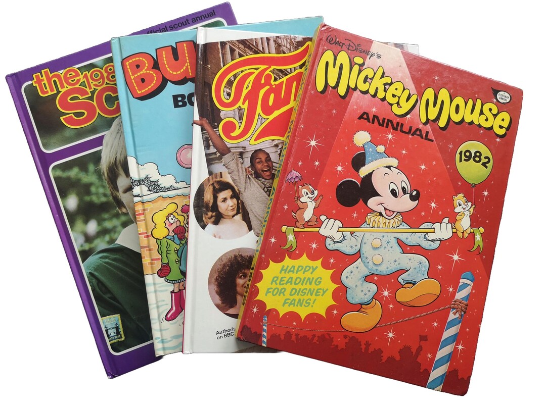 1980s Vintage Annuals Lot - Mickey Mouse 1982, Fame 1984, Buster 1984 ...