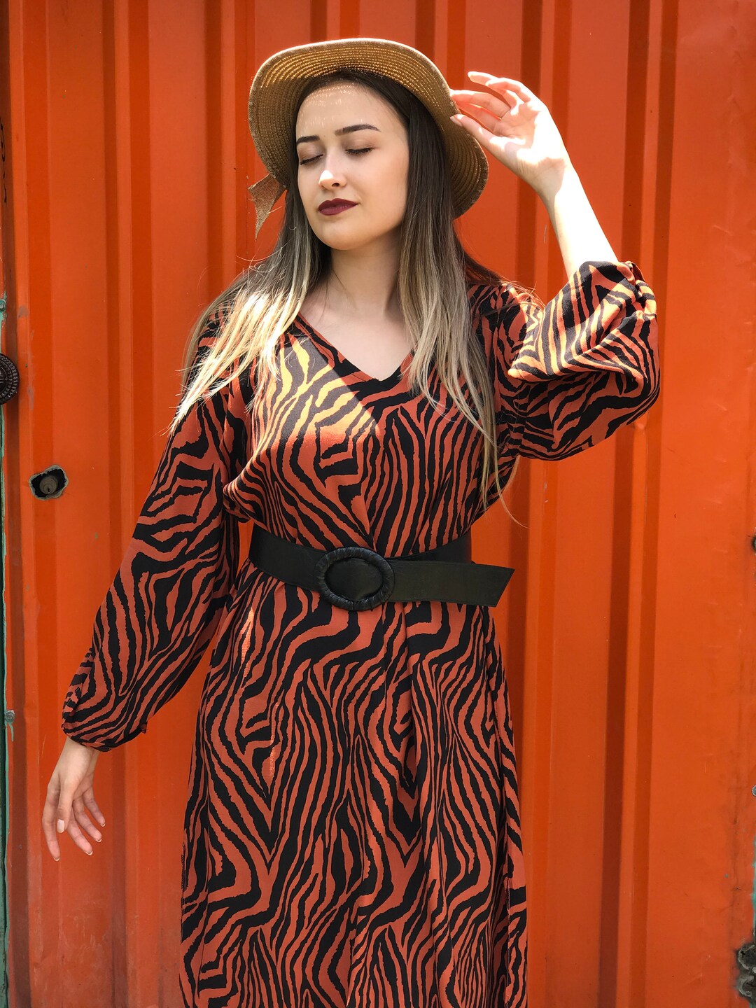 Brown Color Dress,zebra Pattern Dress,adjustable Wide Cotton Dress,long ...