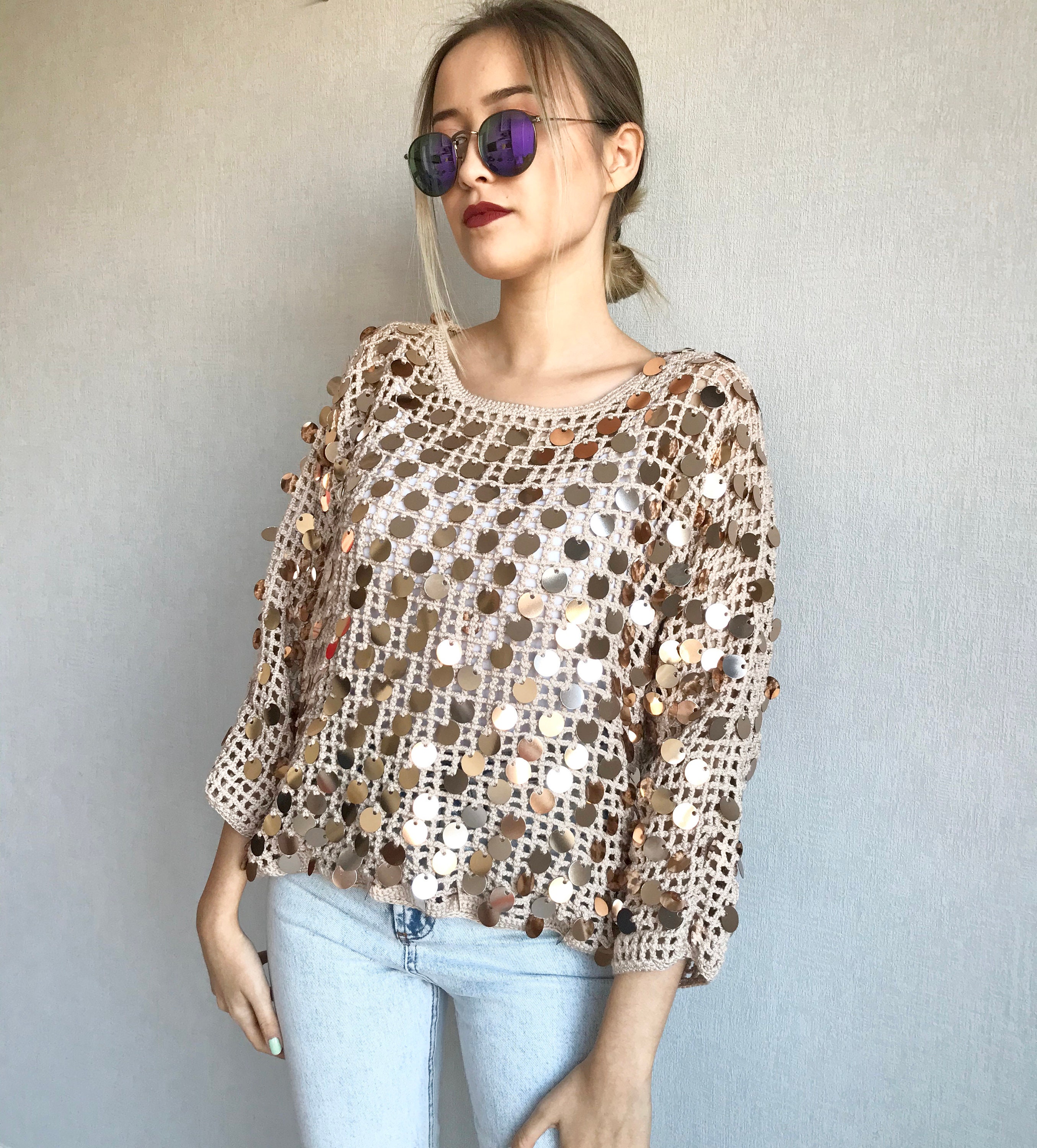 Blusa de punto para mujer blusa de color dorado lentejuelas | Etsy