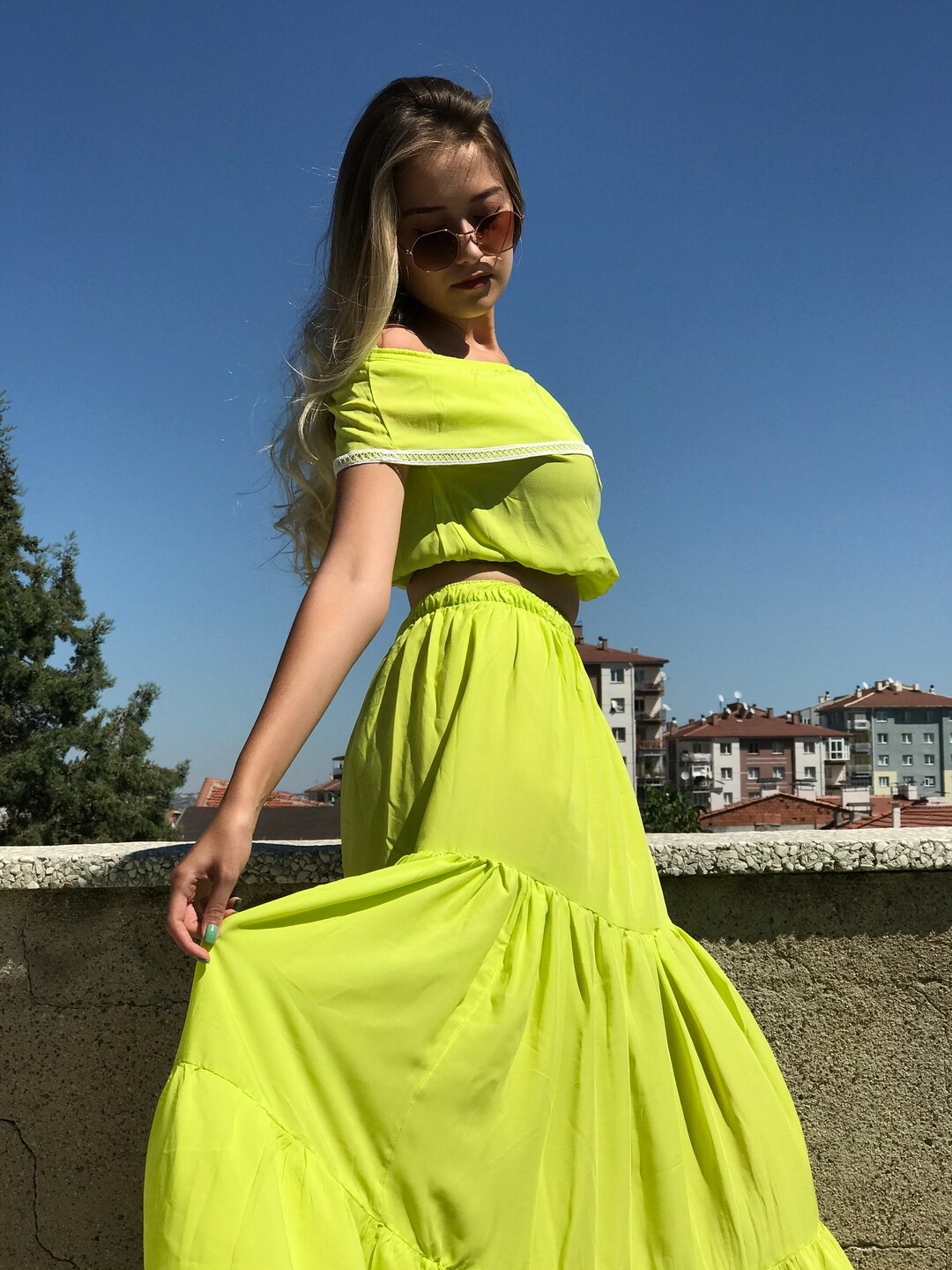 Gypsy Model Dress, Skirt&short Blouse, Neon Green Dress, Frilly Cotton ...