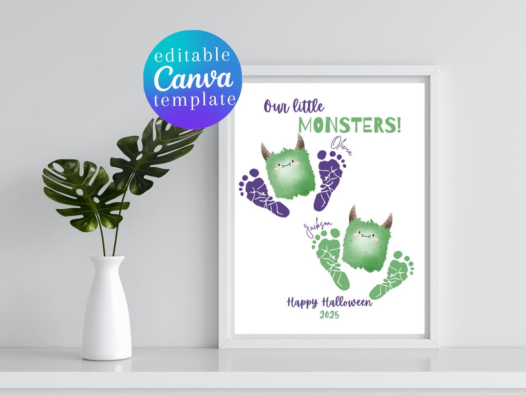 Twin Monsters Footprint Art: Baby Halloween Fall Crafts (canva Template ...