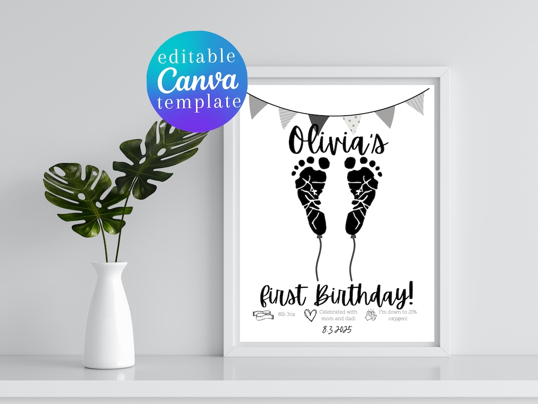 NICU First Birthday Footprint Art: Editable Canva Template (digital ...