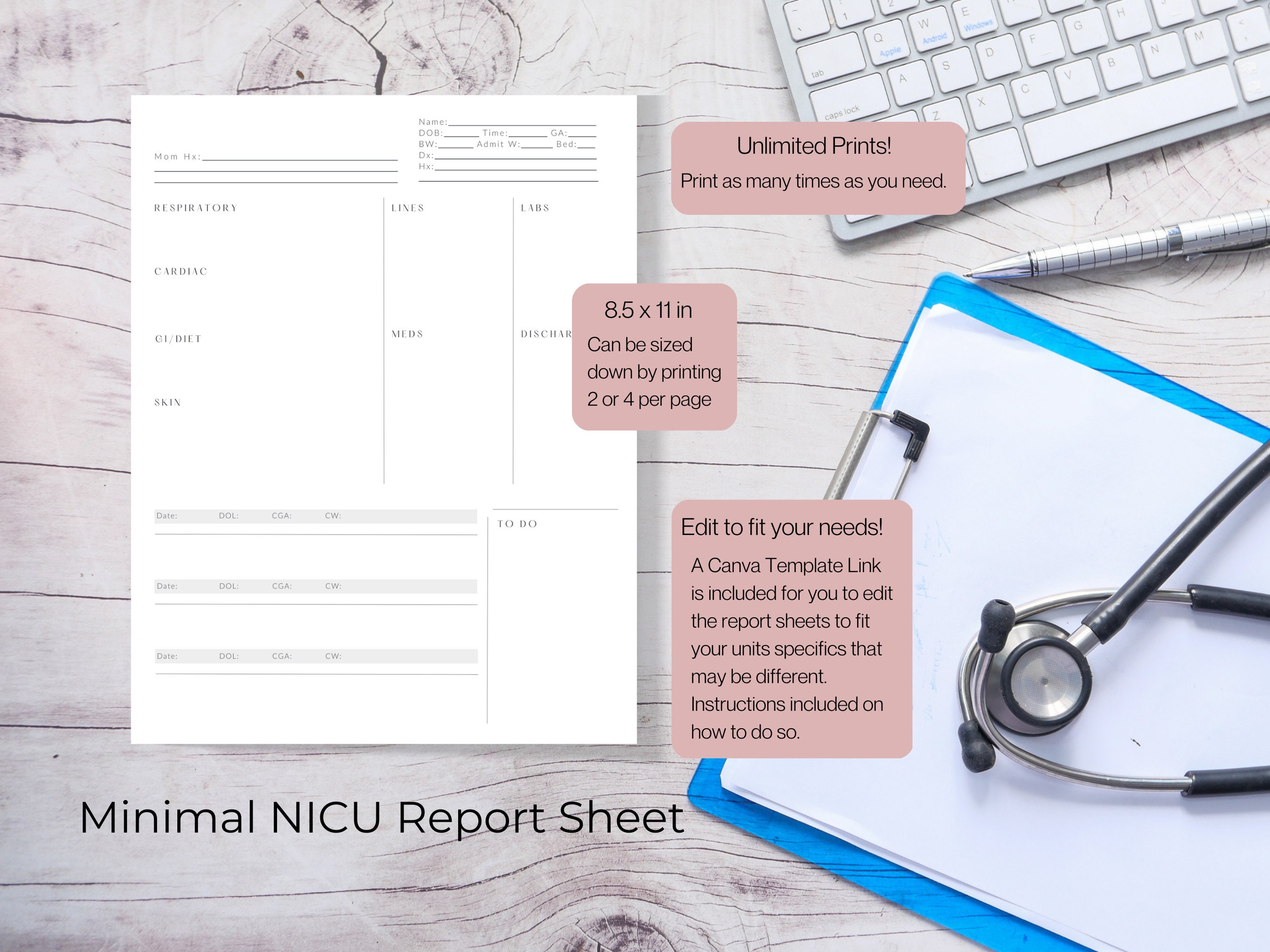 NICU Report Sheet Simple Layout Neonatal, Nursing Brain, Editable, Baby ...