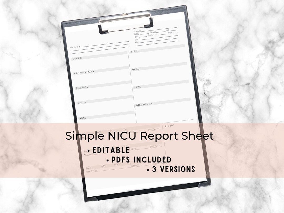 NICU Report Sheet Simple Layout Neonatal, Nursing Brain, Editable, Baby ...
