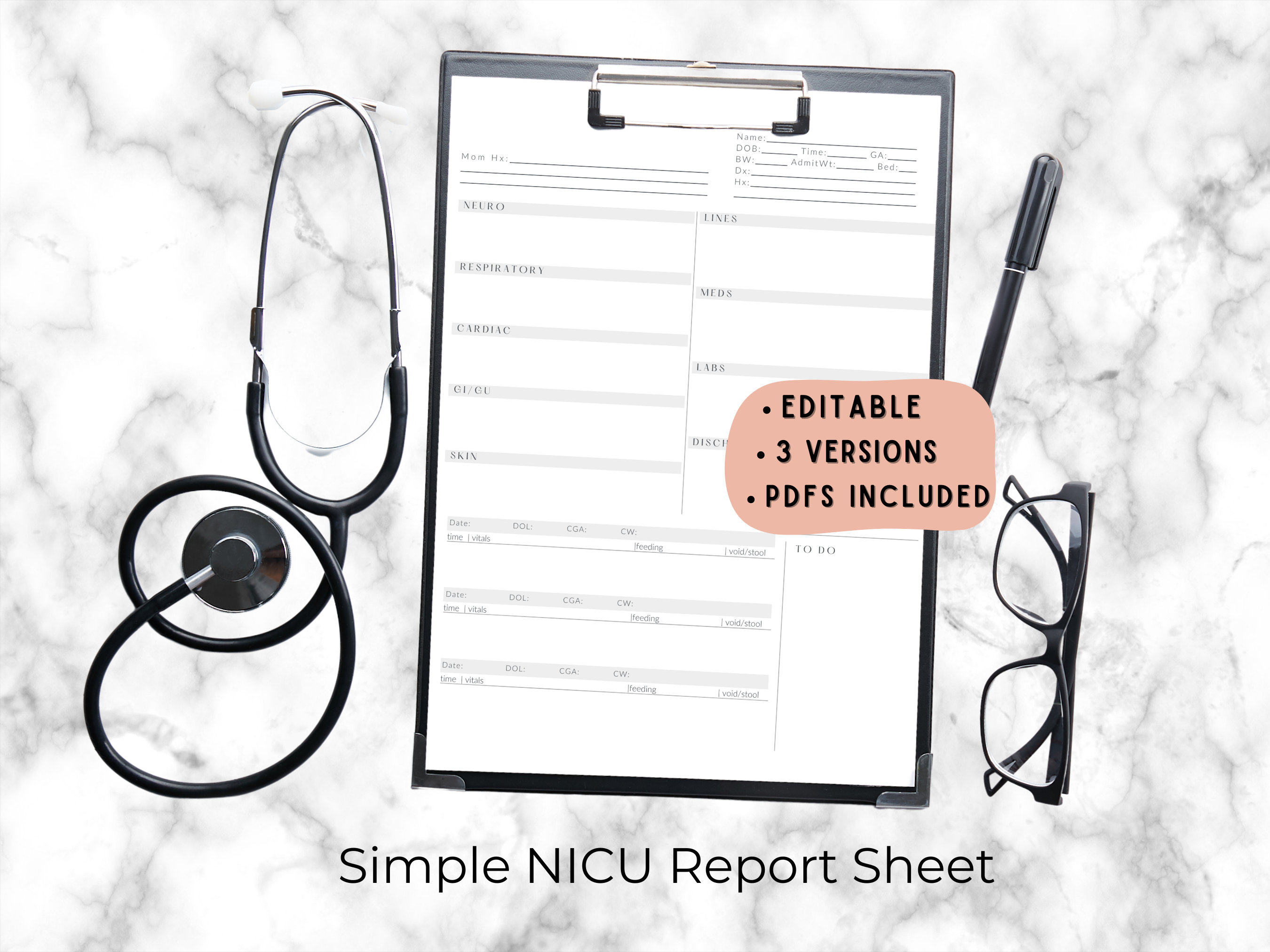 NICU Report Sheet Simple Layout Neonatal, Nursing Brain, Editable, Baby ...