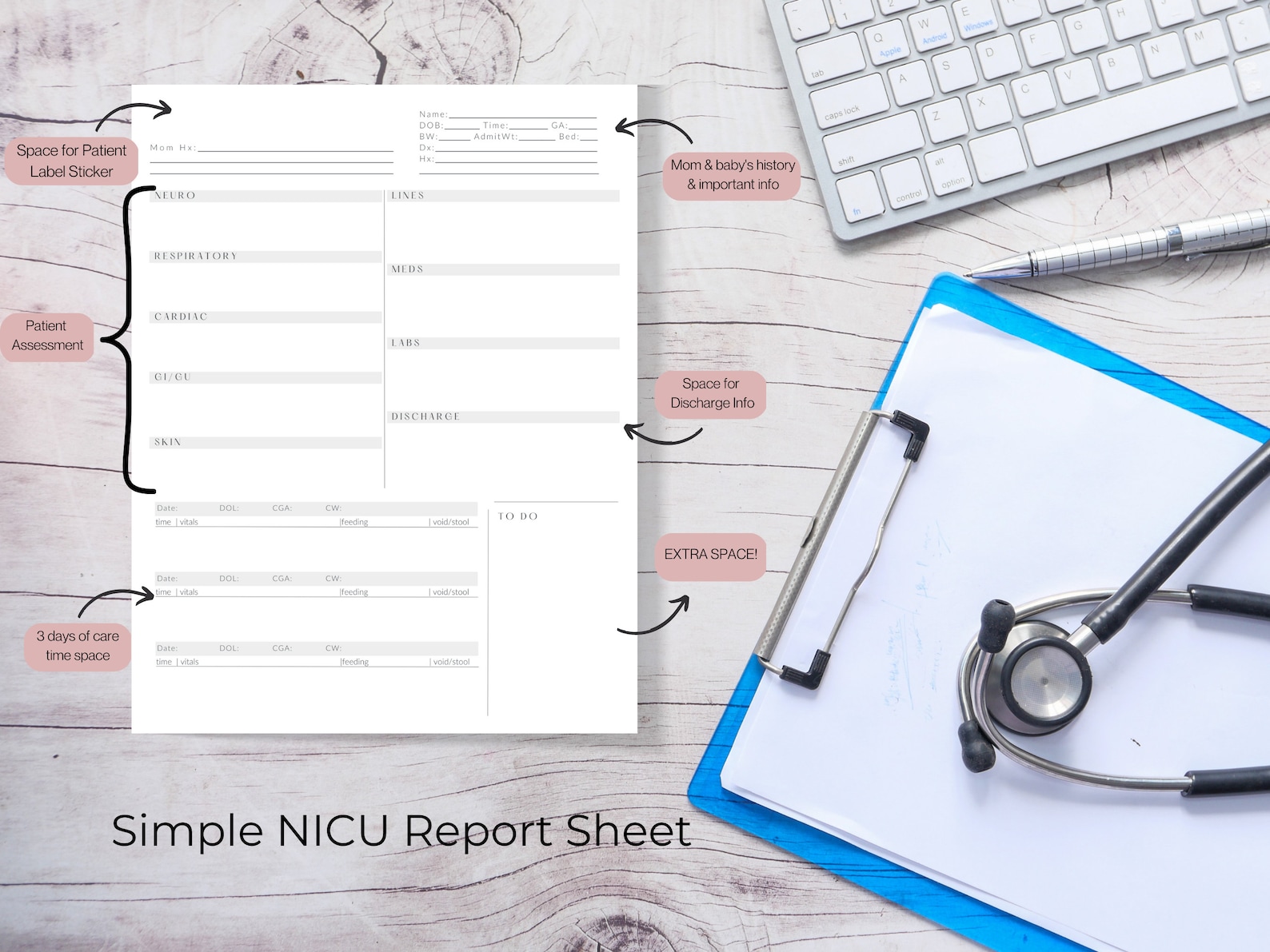 NICU Report Sheet Simple Layout Neonatal, Nursing Brain, Editable, Baby ...