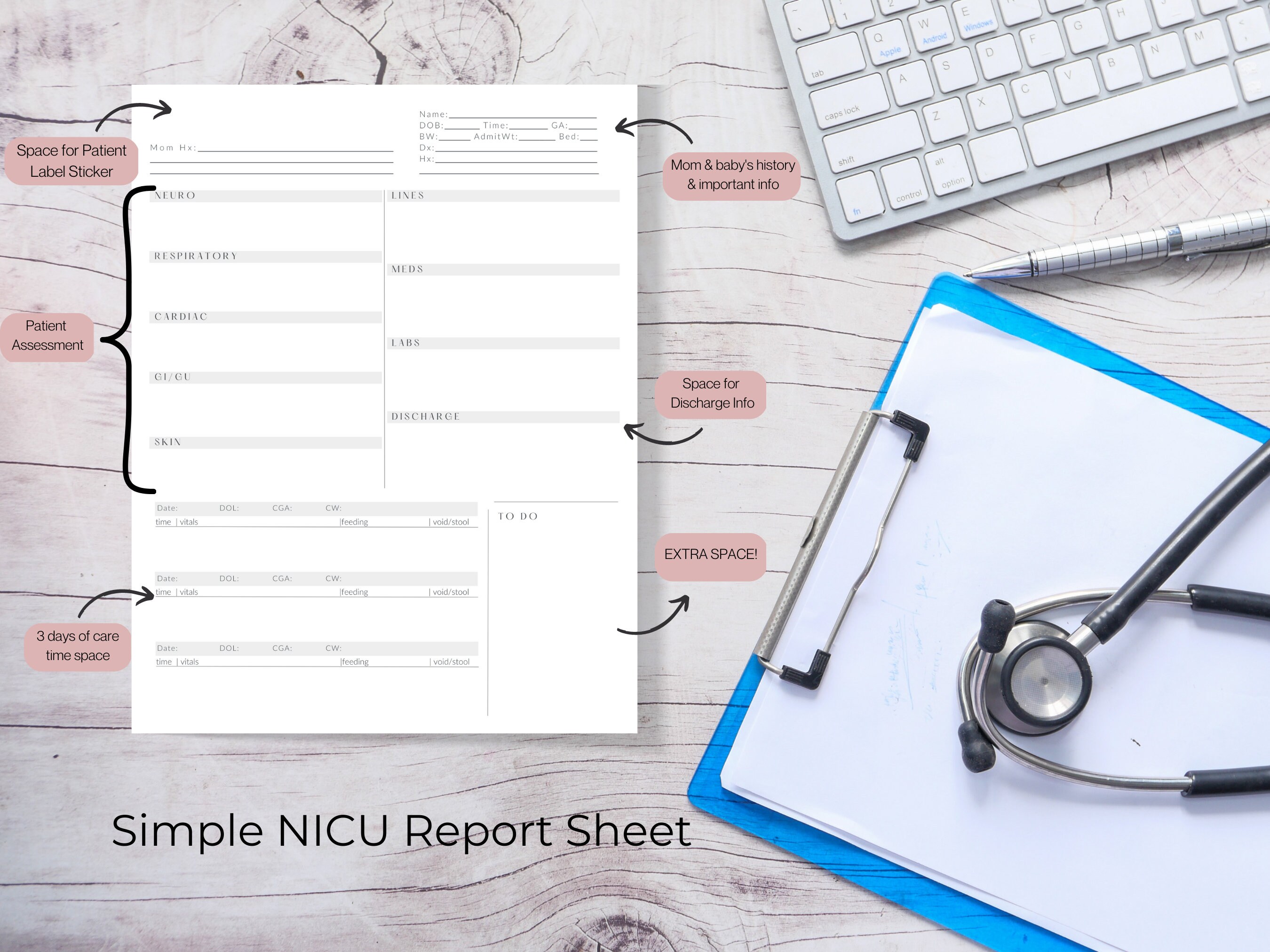 NICU Report Sheet Simple Layout Neonatal, Nursing Brain, Editable, Baby ...
