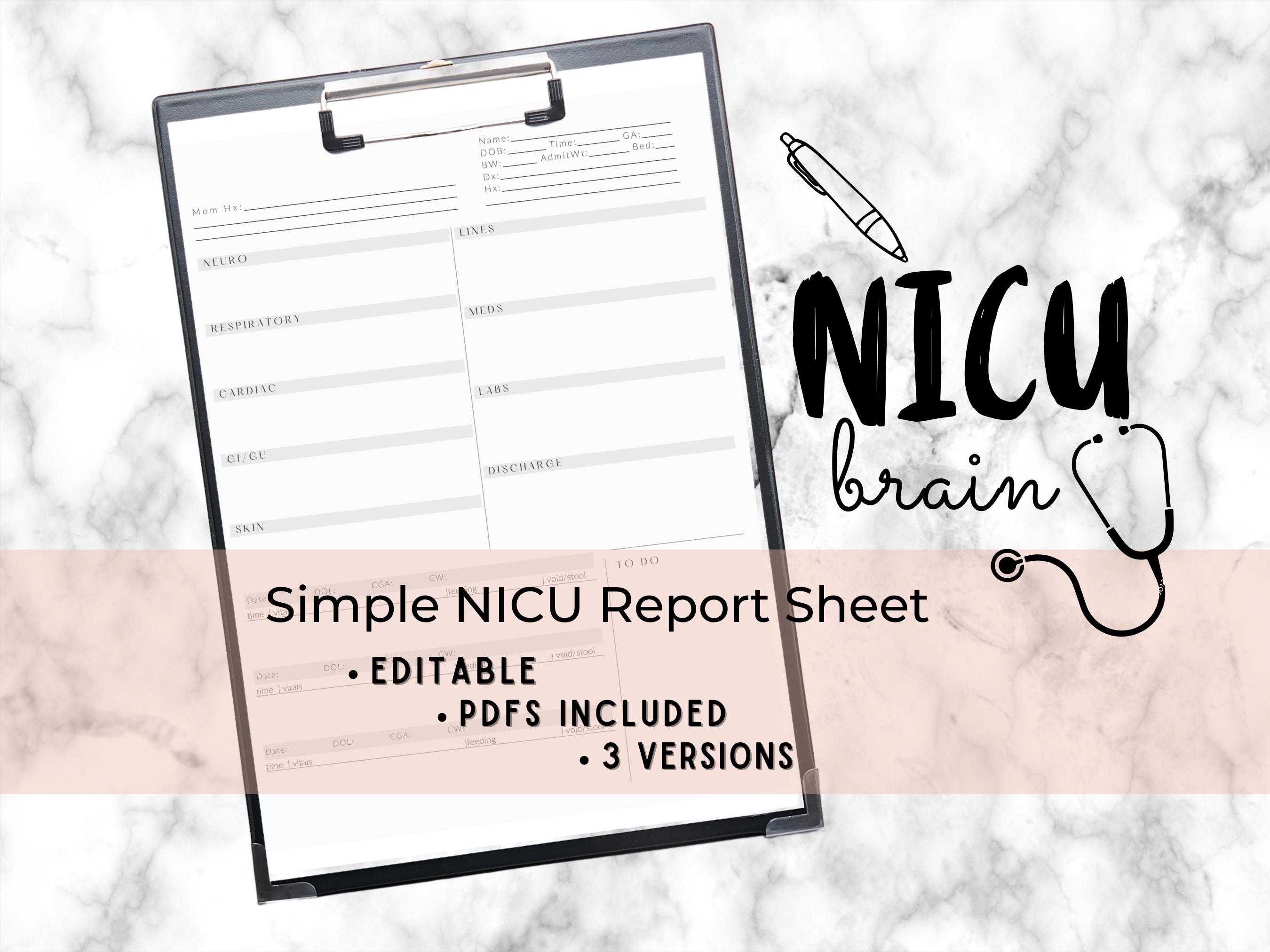 NICU Report Sheet Simple Layout Neonatal, Nursing Brain, Editable, Baby ...