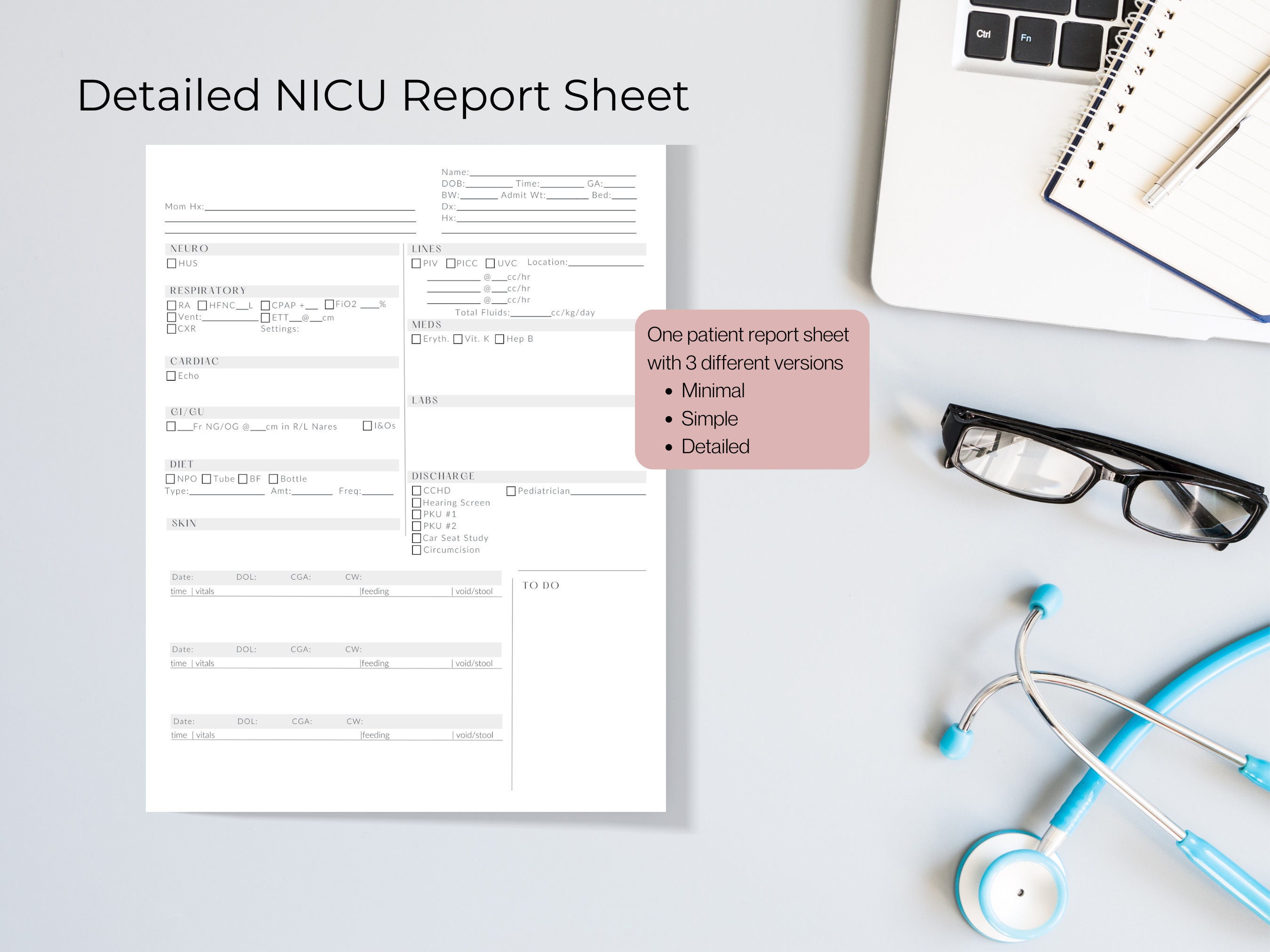 NICU Report Sheet Simple Layout Neonatal, Nursing Brain, Editable, Baby ...