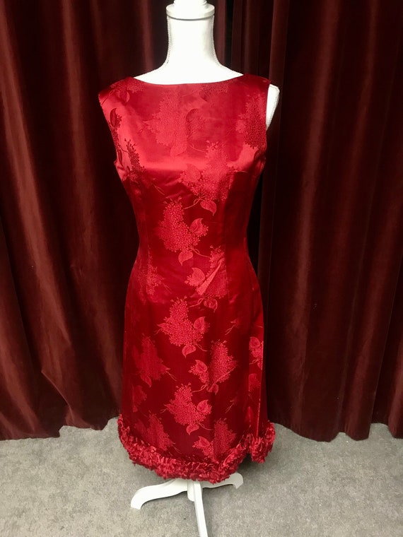 vintage 50s red party dress shelf bust floral embroid… - Gem