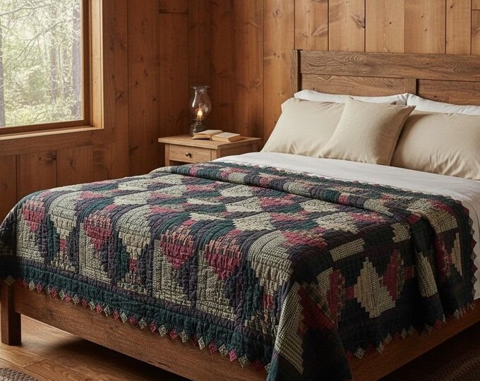 Rustic Log Cabin Quilt Patchwork Plaid Burgundy Green Beige - Etsy
