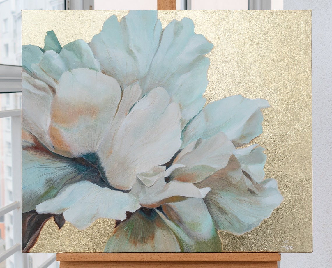 Glam floral abstract golden painting light gold wall art with | Etsy