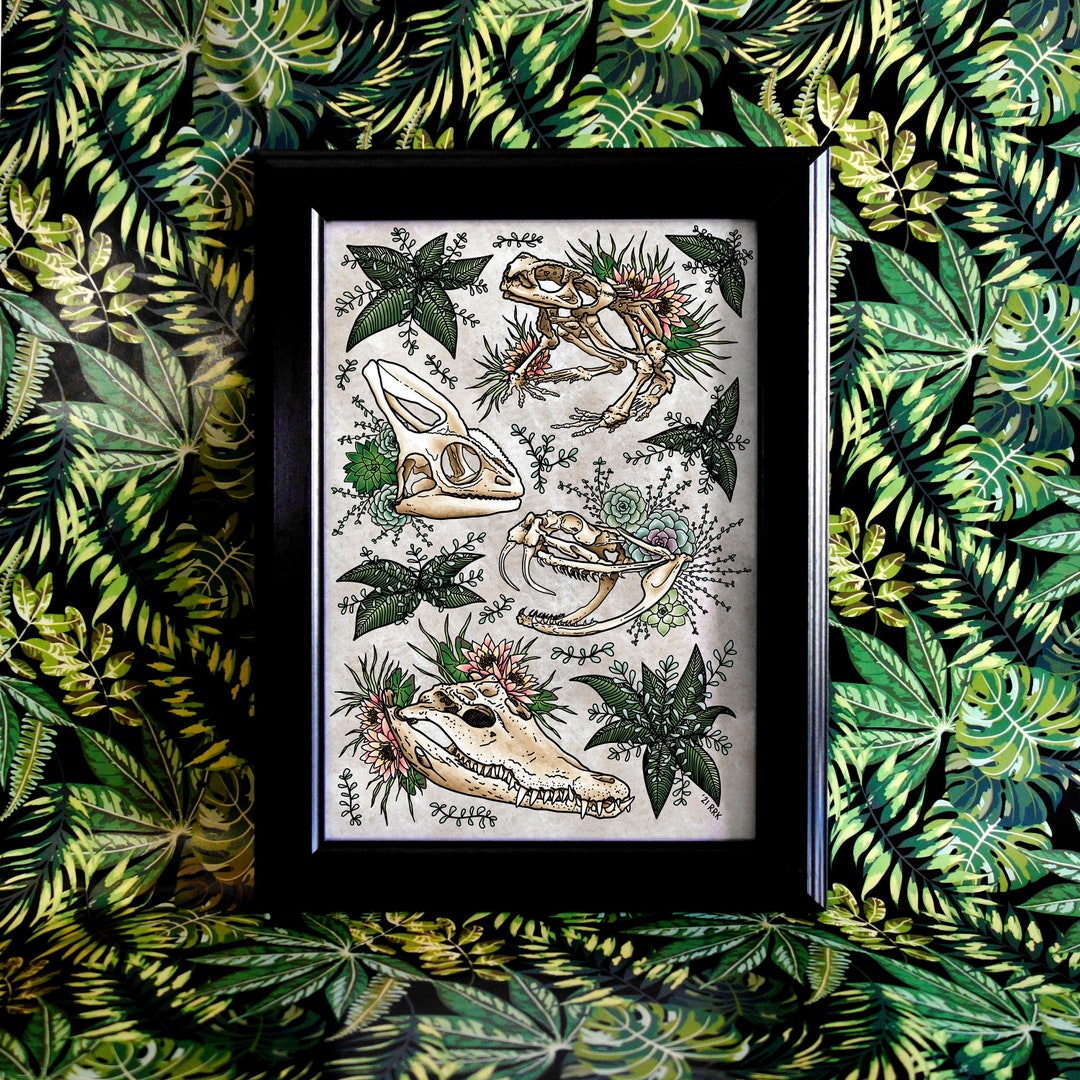 Art Print A4 run Through the Jungle Plants, Reptiles, Skulls Rock ...