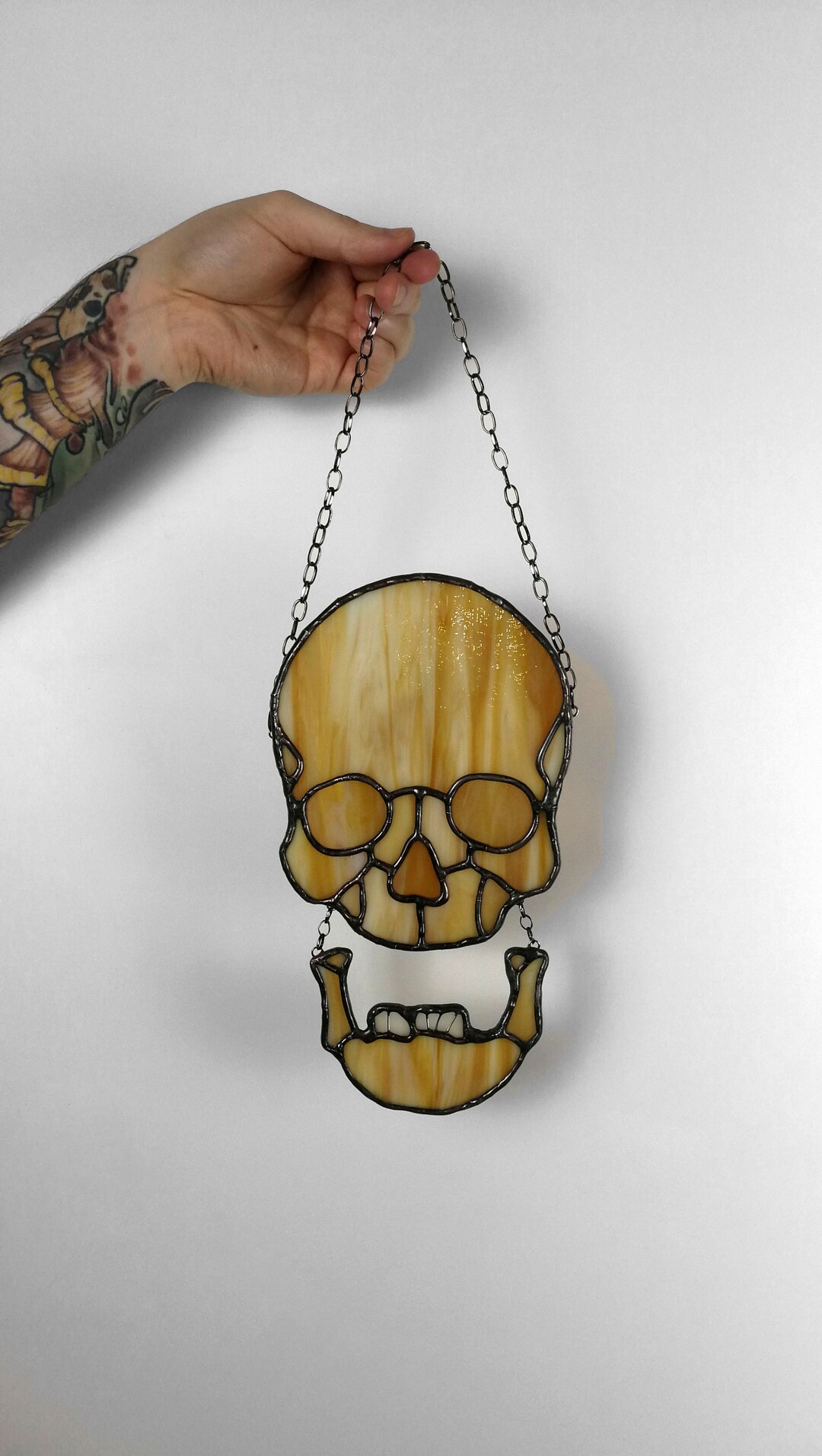 Skull With Jaw Stained Glass Suncatcher Brown, Window Decoration, Wall ...