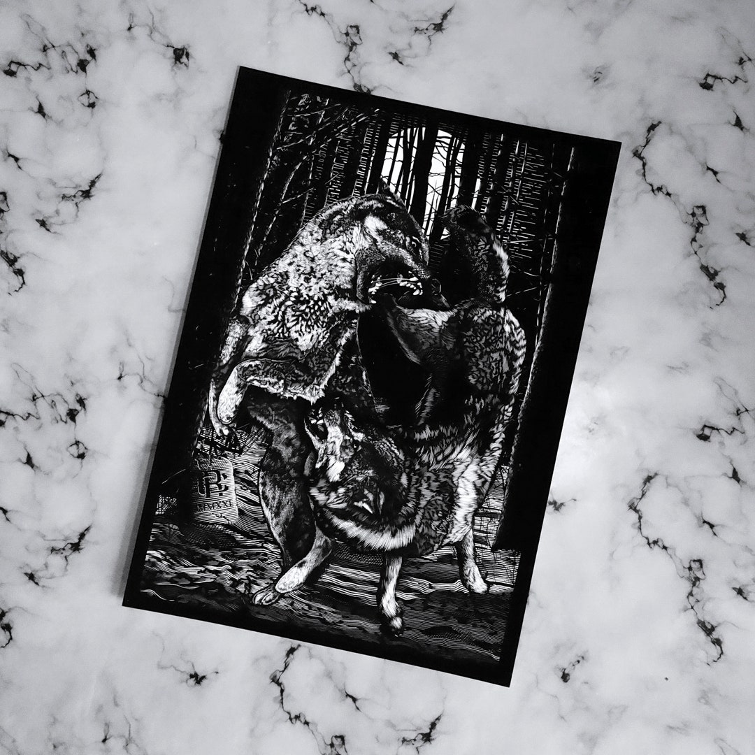 Art Print A3 wolves Curse Wolves, Fight, Forest, Dark, Linework, Occult ...