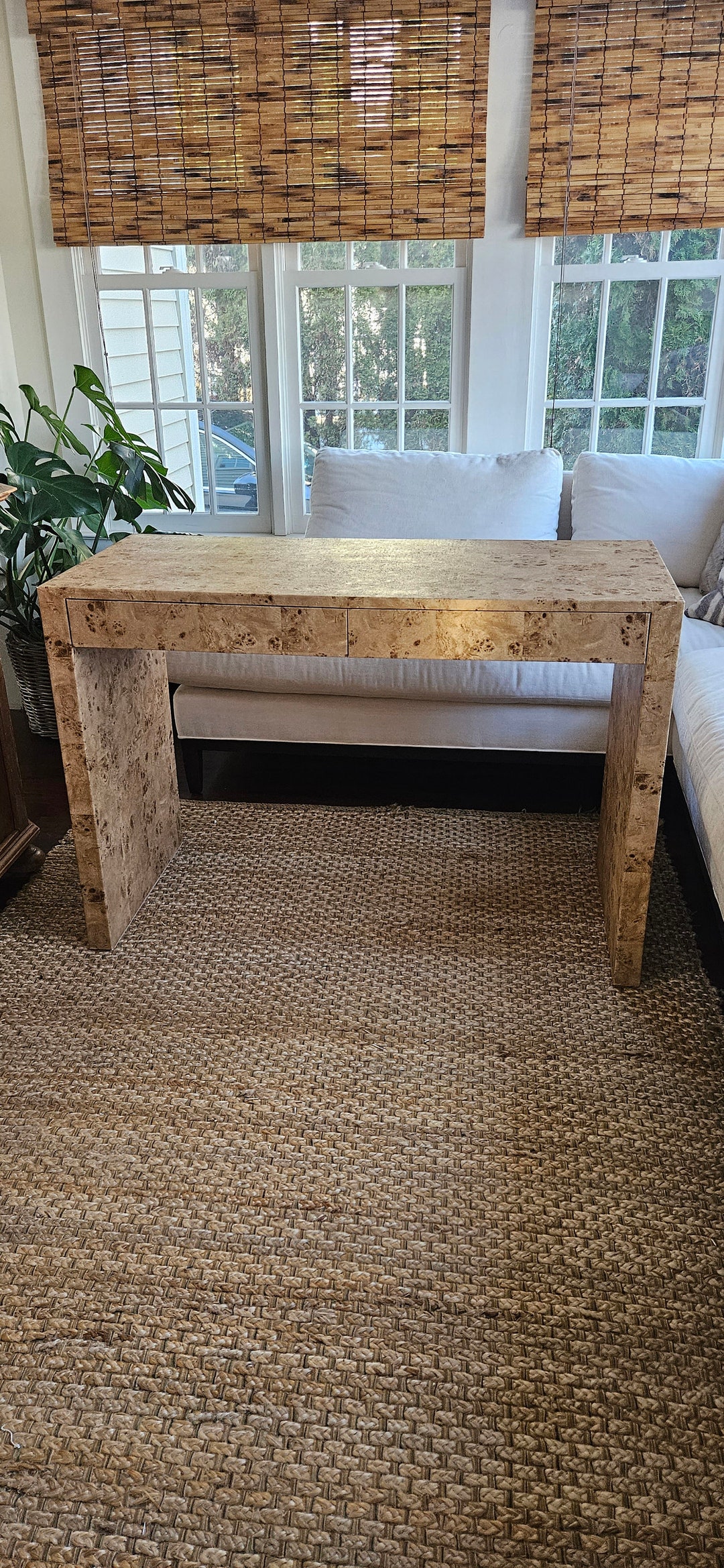 Faux Burlwood Waterfall Desk With Drawers - Mid Century Modern Table - Etsy