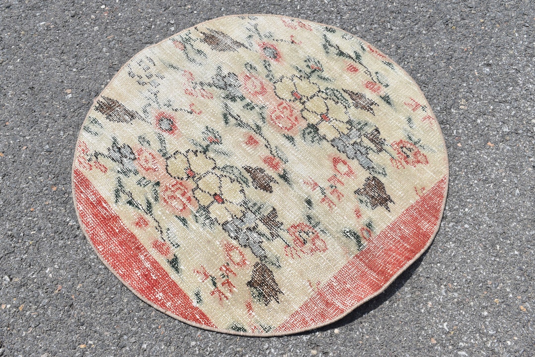 Turkish Small Rug, Vintage Rug, Handmade Rug, Floral Area Rug, Round ...