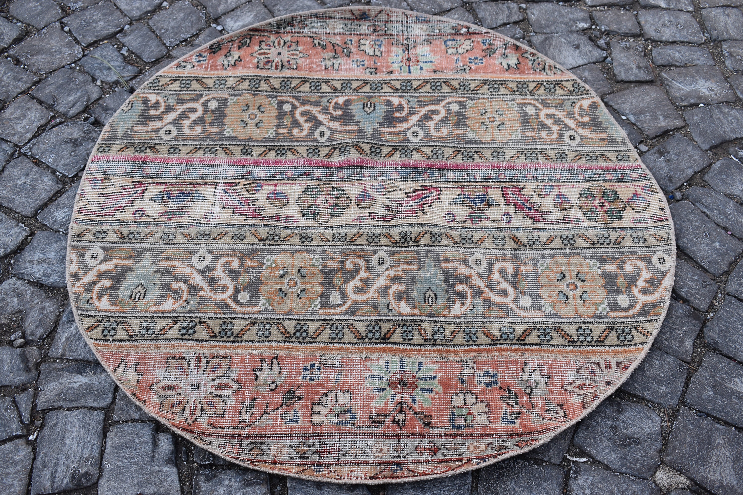 Turkish Patchwork Rug, Vintage Rug, Handmade Rug, Small Area Rug, Round ...