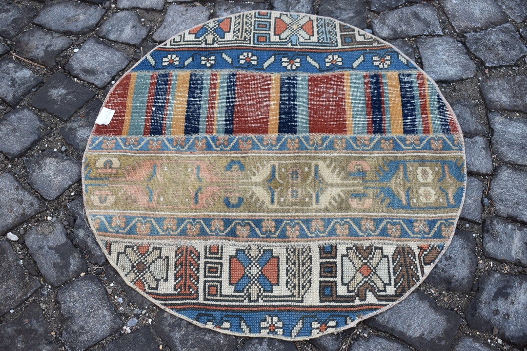 Turkish Blue Rug, Vintage Rug, Handmade Rug, Circle Rug, Small Rug ...