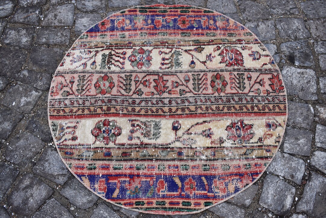 Red and Blue Rug, Turkish Vintage Rug, Handmade Circle Rug, Small Rug ...