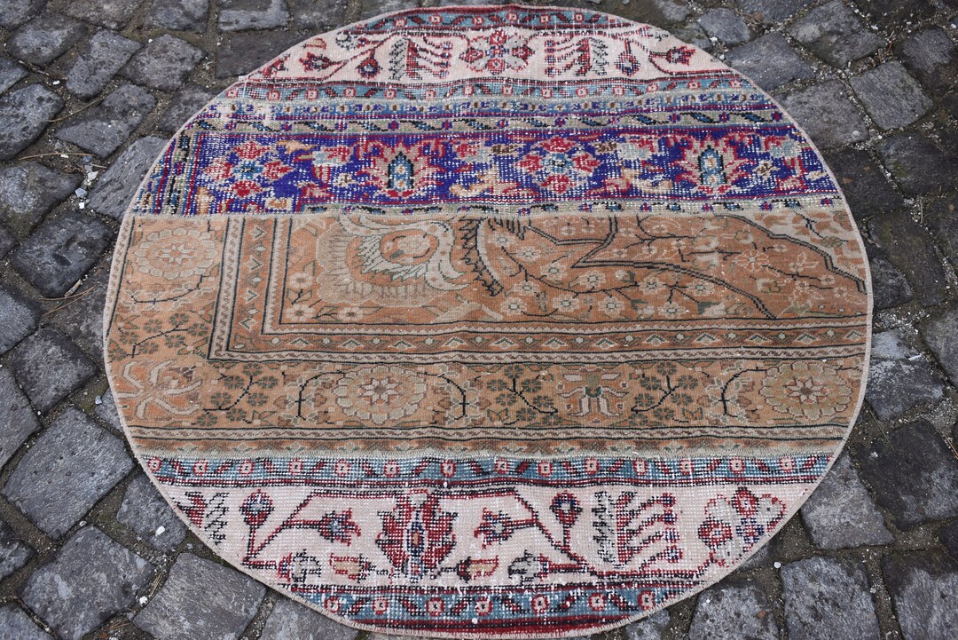 Blue and Brown Rug, Turkish Circle Rug, Vintage Handmade Rug, Natural ...