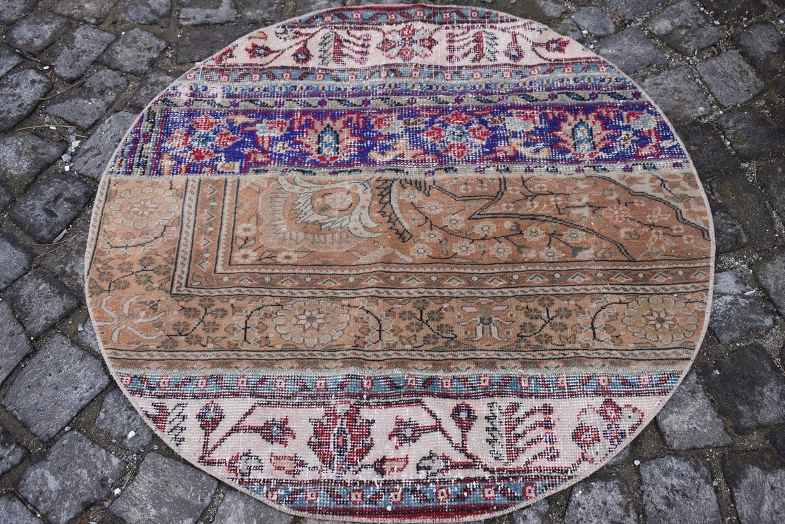Blue and Brown Rug Turkish Circle Rug Vintage Handmade Rug - Etsy