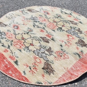 Turkish Small Rug, Vintage Rug, Handmade Rug, Floral Area Rug, Round ...