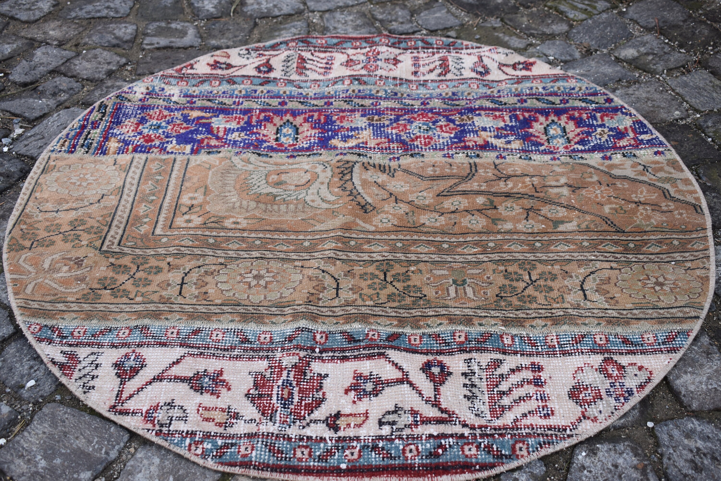 Blue and Brown Rug Turkish Circle Rug Vintage Handmade Rug - Etsy