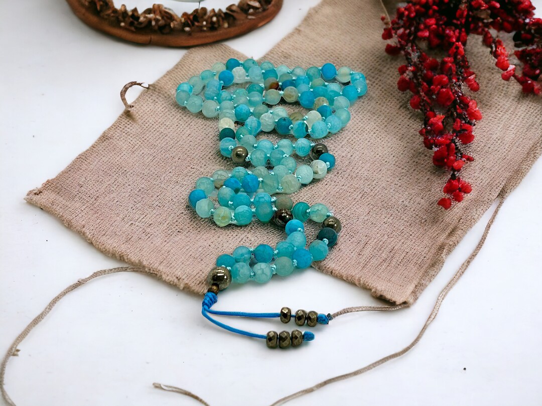 Aqua Blue Fire Agate Beaded Mala Necklace 108 Mala Prayer Beads ...