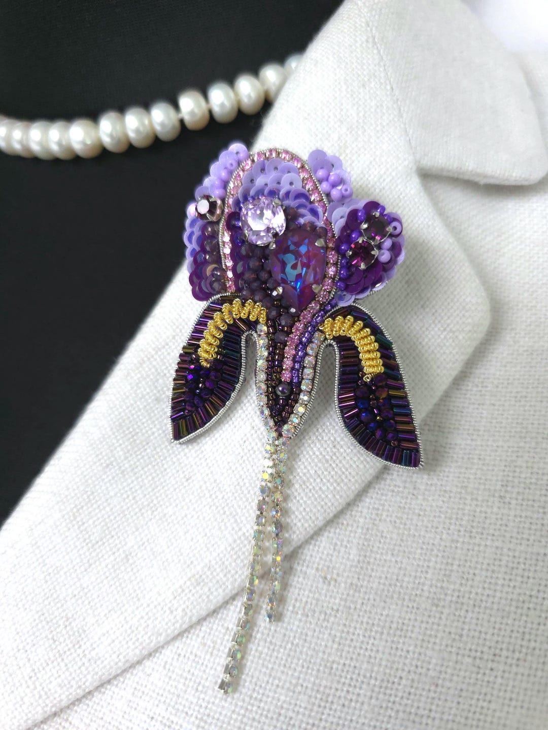 Handmade Purple Iris Flower Brooch | Beaded Crystal Flower Pin ...