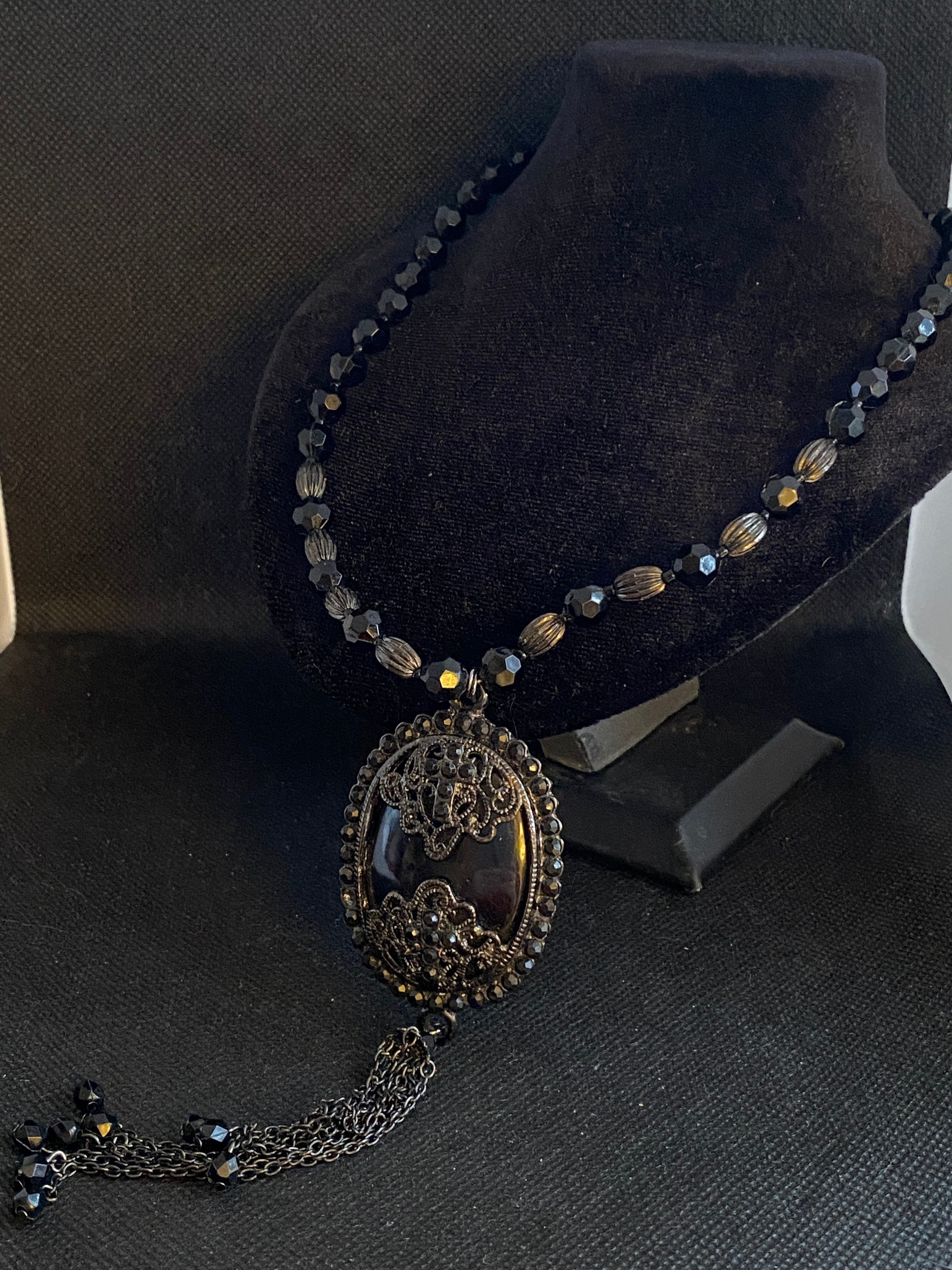 Black Bead and Metal Embossed Pendant - Etsy