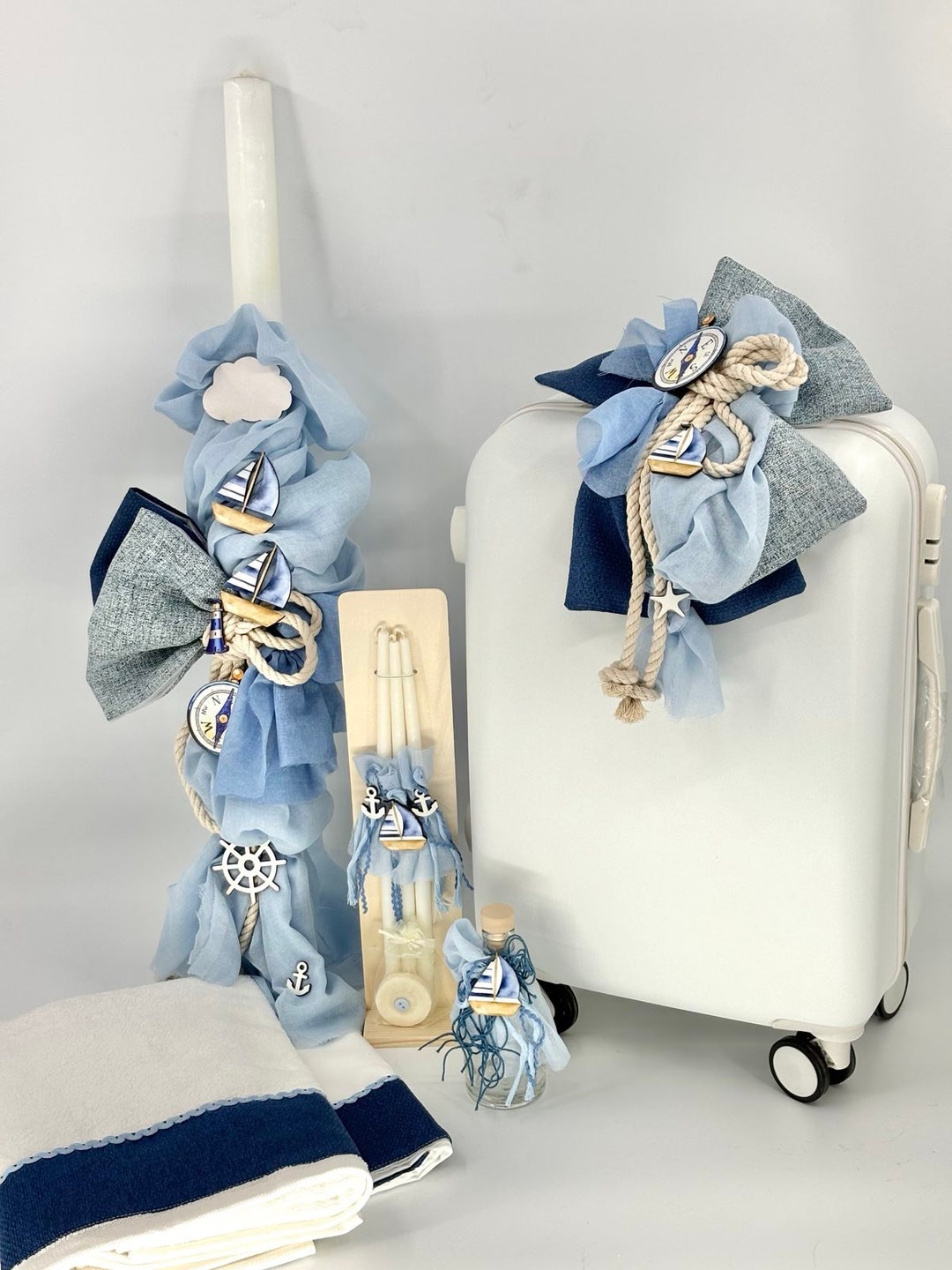 Boat Baptism Set- Baby Boy Christening Navy Candle - Towel Set- Baptism ...