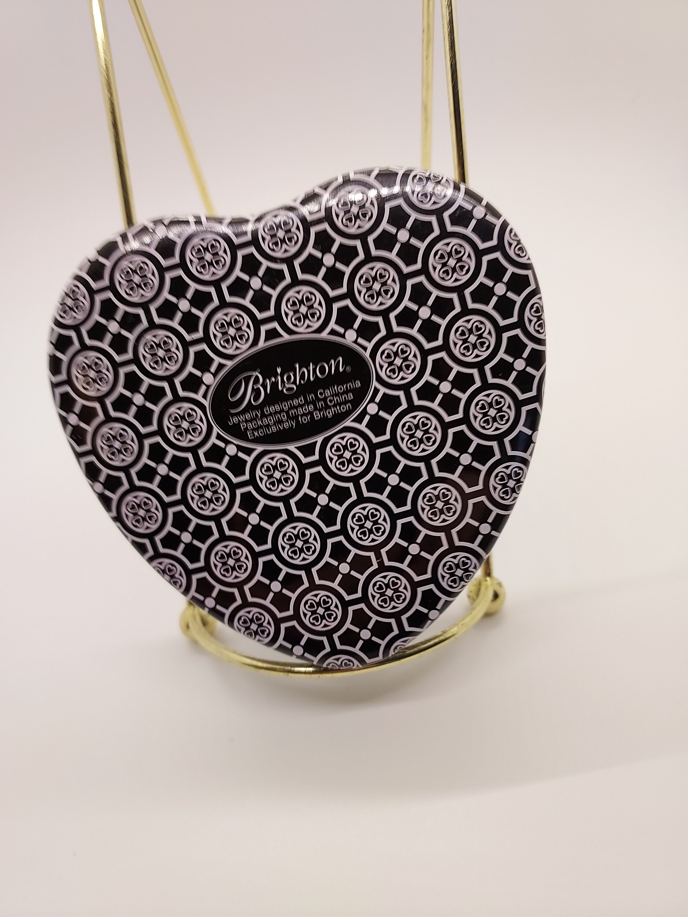 Brighton Heart Shaped Tin. Black and White Floral. 3 1/2"l X 3 3/4"w X ...