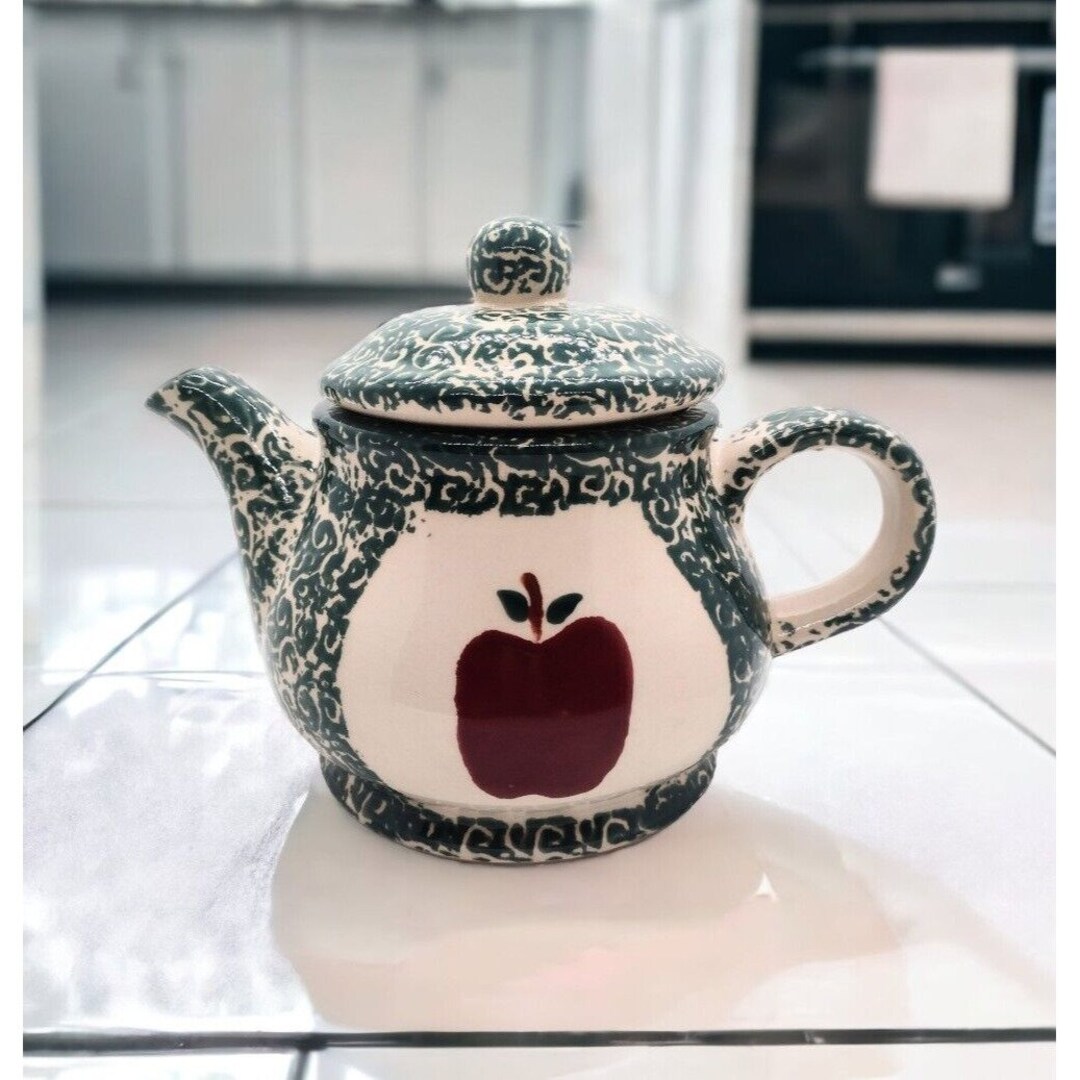 Vintage Thick Ceramic Apple Spongewear Teapot Green Red Country ...