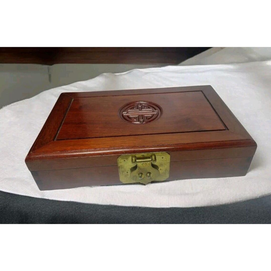 Asian Rosewood Dovetailed Jewelry Box Vtg Damask Satin Interior Bras ...