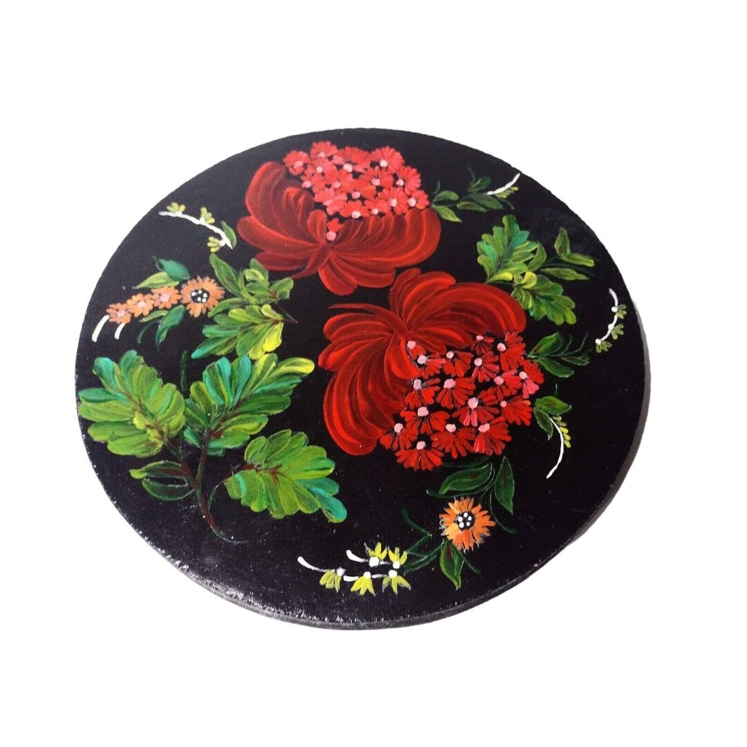 Handpainted Wooden Slab Floral Wall Hanging Decor Vintage Black Red ...